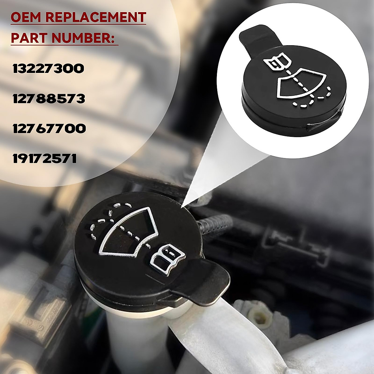 Windshield Wiper Washer Fluid Reservoir Tank Bottle Cap Replacement Parts OEM # 12767700 13227300 19172571 12788573, Compatible with GMC Chevrolet Cadillac Buick (Black)