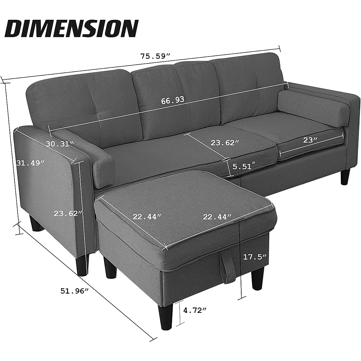 Uoobmope 78" L Shaped Sectional Couch, 3-Seat Sectional Sofa w/Movable Storage Ottoman & USB, Upholstered Linen sofa w/Reversible Chaise Lounge for Apartment,Compact/Small Spaces-Dark Grey