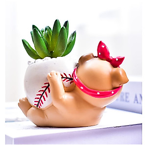 Cute Puppy Play Baseball Flowerpot with Drainer Garden Flowerpot Resin Succulent Potted Bonsai Plant Stand Home Desk Mini Ornaments Without PlantsWang Xingren Stadium Flower Pot Baseball
