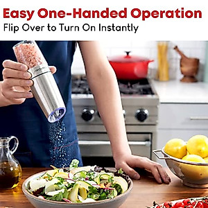 ChefGiant Electric Salt and Pepper Grinder - Automatic Gravity Activated Operation with LED Light | Adjustable Coarseness | Batteries Included | Bonus Spoon & Brush - Stainless Steel
