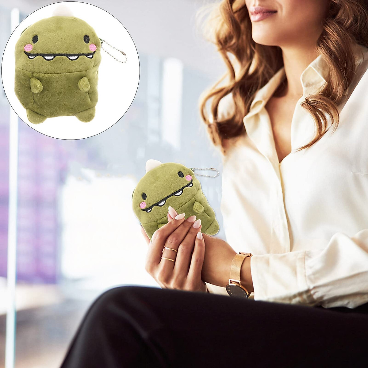 FENICAL Dinosaur Plush Coin Purse Fluffy Cute Hand Bag Mini Wallet Card Pouch Zipper Change Phone Holder for Women Girls Kids