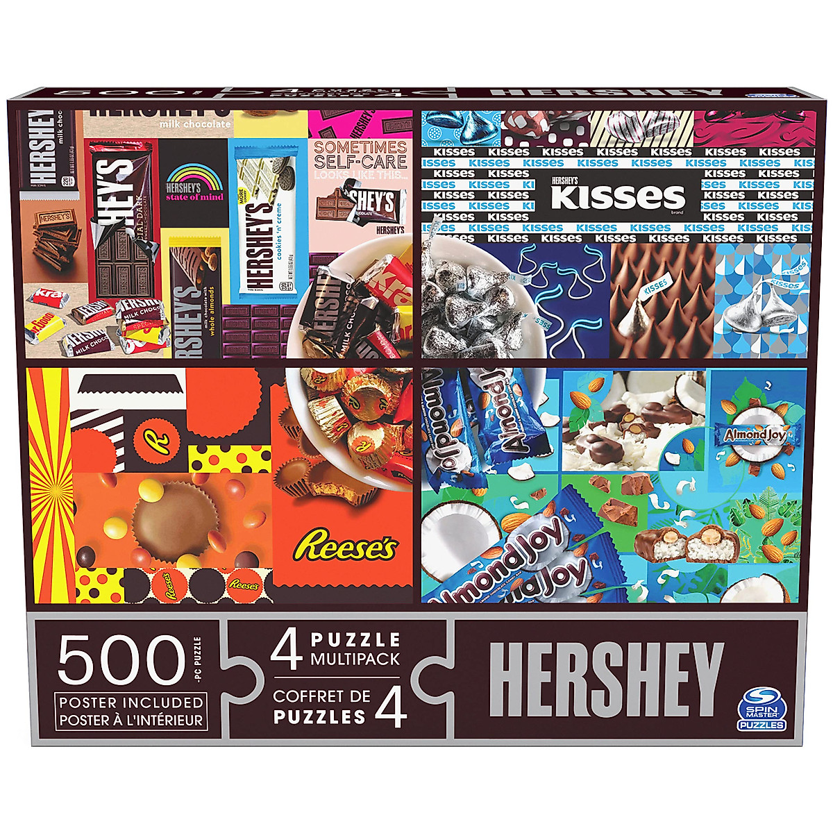 TOYS_AND_GAMES Hershey's, 4 Puzzle Multipack, 500 Pieces Combine to Form Mega Puzzle: Reese’s, Hershey’s Kisses, Almond Joy, for Kids and Adults