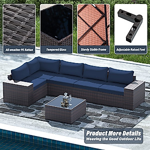 Kulunolo Outdoor Patio Furniture Sets 6 Pieces Sectional Furniture PE Rattan Wicker Couch High Backrest Large Armrest Patio Conversation Set with Coffee Table and Cushion(Navy Blue)