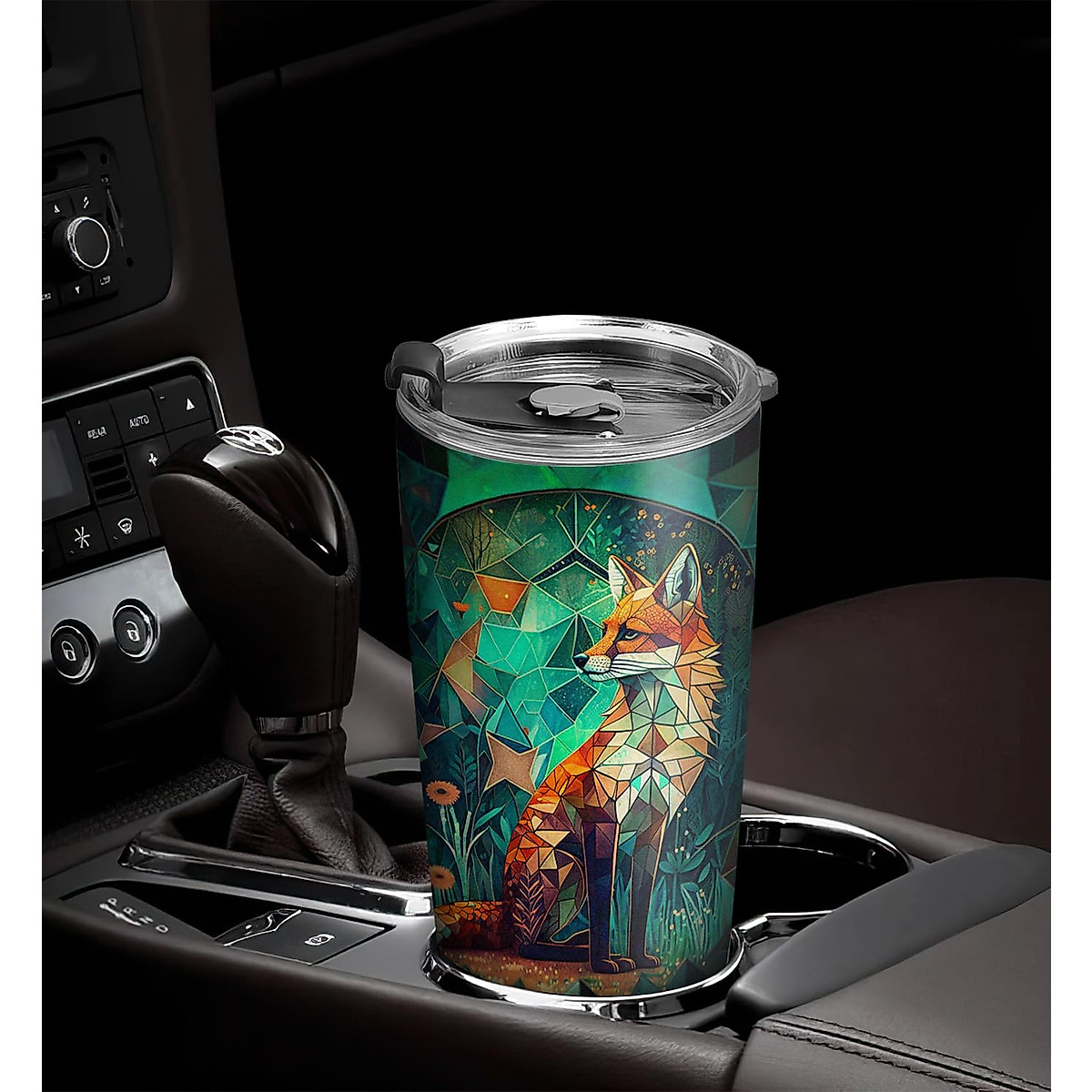 20oz Green Jade Stained Glass Crystal Mosaic Fox Tumbler, Gifts for Fox Lovers, Coffee Thermos for Women, Stainless Steel Double Wall Vacuum Insulated Coffee Mug, Travel Cup with Lid