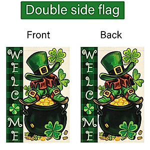 Welcome Spring St. Patrick's Day Garden Flag 12x18 Double Sided, Burlap Small Check Plaid Leprechauns Yard Flag Banner Irish Lucky Shamrock Clover Shoes Sign for Outside Outdoor Decor (ONLY FLAG)