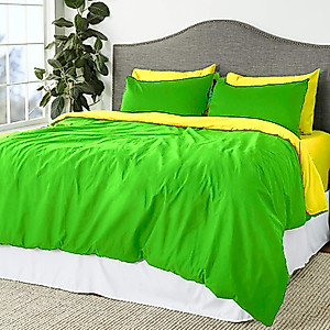 Tache 6 PC Cotton Reversible Solid Yellow & Green Lemon Lime Duvet Cover Set, Cal King