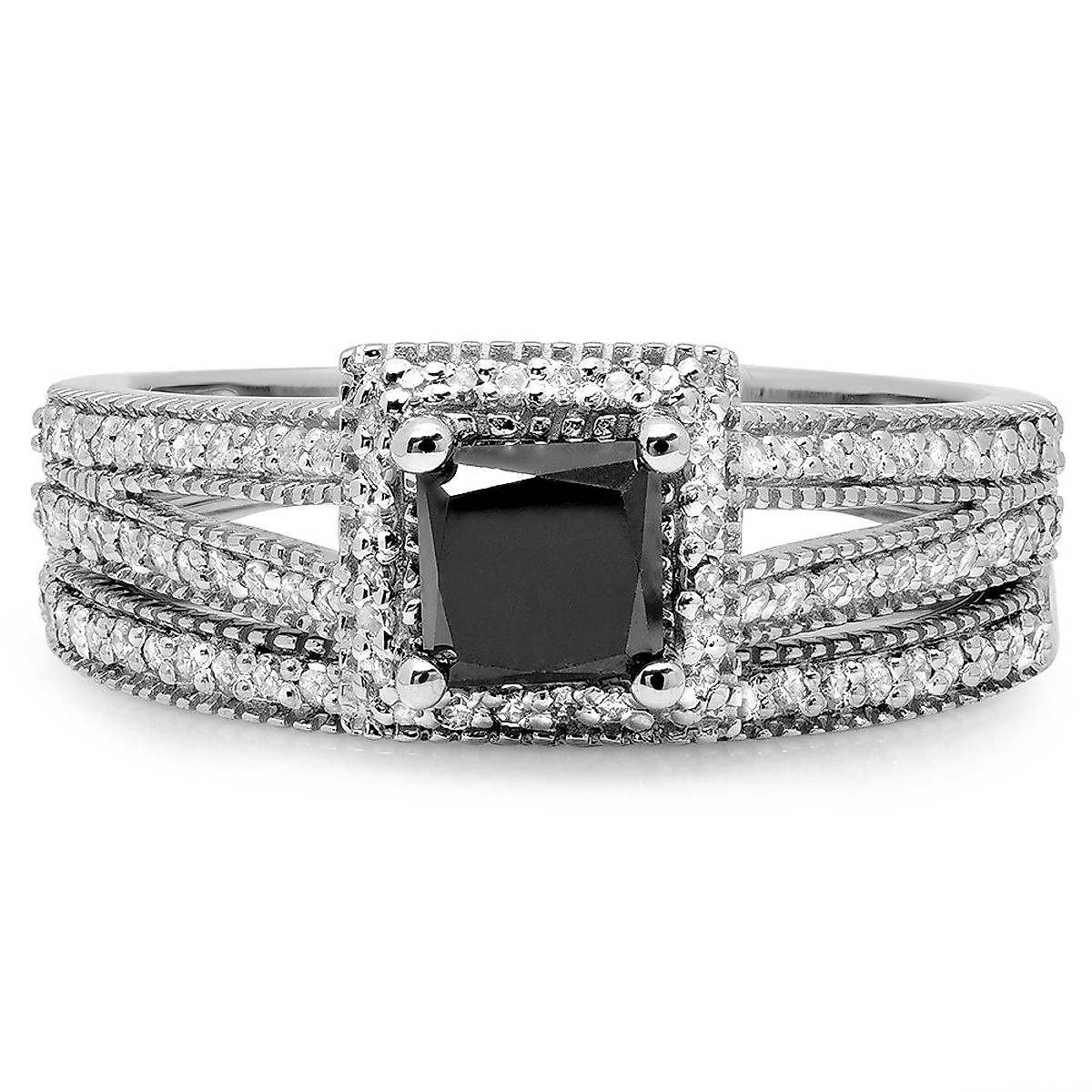 Dazzlingrock Collection 1.35 Carat (Cttw) Princess Black & Round White Diamond Split Shank Halo Wedding Ring Set for Women in 14K Solid White Gold, Size 8