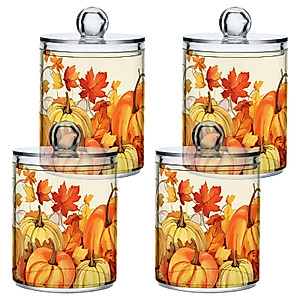 2 Pack Qtip Holder Dispenser for Cotton Ball Pumpkin Autumn Yellow Maple Leaves Fall Cotton Swab Cotton Round Pads Clear Plastic Acrylic Jar Set Bathroom Canister