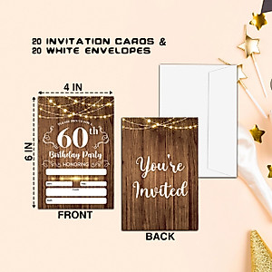 CLIRBE 60th Birthday Invitations, 1963 Birthday Party Invitations For Women Men, 60 Year Old Birthday Invites, Rustic Wood Theme Birthday Party Decorations, 20 Invitations with 20 Envelopes - A04