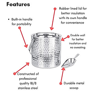 BirdRock Home Ice Bucket with Scoop & Lid - 2.8 Liter Hammered 18/8 Stainless Steel Container for Bar - Double Wall Insulated Bucket with Carrying Handle - Great for Parties - (Silver)