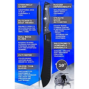 Dalstrong Bull Nose Butcher Knife - 10" - Delta Wolf Series Knife - Ultra-Thin & Zero Friction Blade - HC 9CR18MOV Steel - Black Titanium Nitride Coating - G10 Camo Handle - Leather Sheath