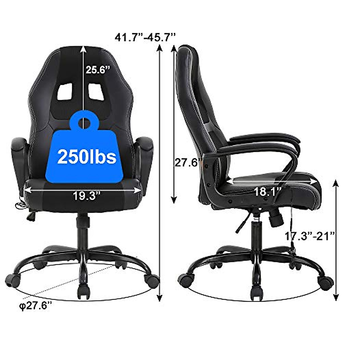 Gaming Chair Swivel Office Chair with Wheels Home Office Chair Ergonomic Computer Chair Desk Chair Rolling Executive Leather Task Chair Adjustable with Arms Mid-Back Stool for Back Problem (Black)