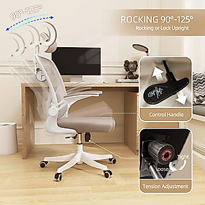 Monhey Home Office Desk Chair Office Chairs, Ergonomic Office Chair with Adjustable Headrest, Lumbar Support and Flip-up Arms, Computer Chair Khaki Mesh Chair for Home Office