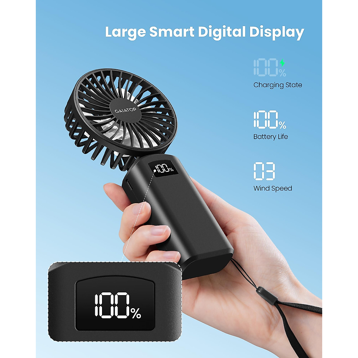 Gaiatop Portable Handheld Fan, 180° Foldable Desk Fan 3 Speed Personal Mini Hand Fan, 2000mAh Powerful Rechargeable Small Fan with Digital Display, USB Personal Fan for Office Outdoor Makeup-Black
