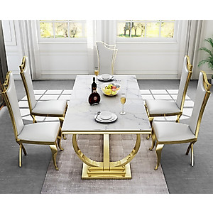 SSLine Modern White Marble Dining Table for 6-8 Rectangle 70" Faux Marble Kitchen Table for 6 Luxury Dining Room Table with Gold Mirrored Stainless Steel U Shape Pedestal Base for Home Office