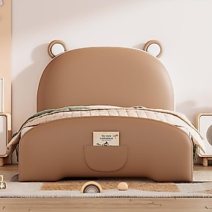 THINK 30 Twin Size Upholstered Bed Frame with Storage, PU Leatrher Platform Bed Frame with Bear-Shaped Headboard and Footboard for Boys Girls Kids Toddler, No Box Spring Needed (Brown)