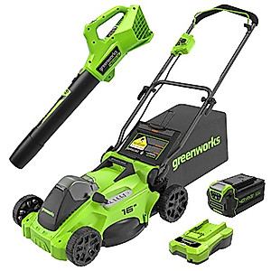 Greenworks 40V 16" Brushless Lawn Mower + Blower (350 CFM), 4.0Ah Battery and Charger Included