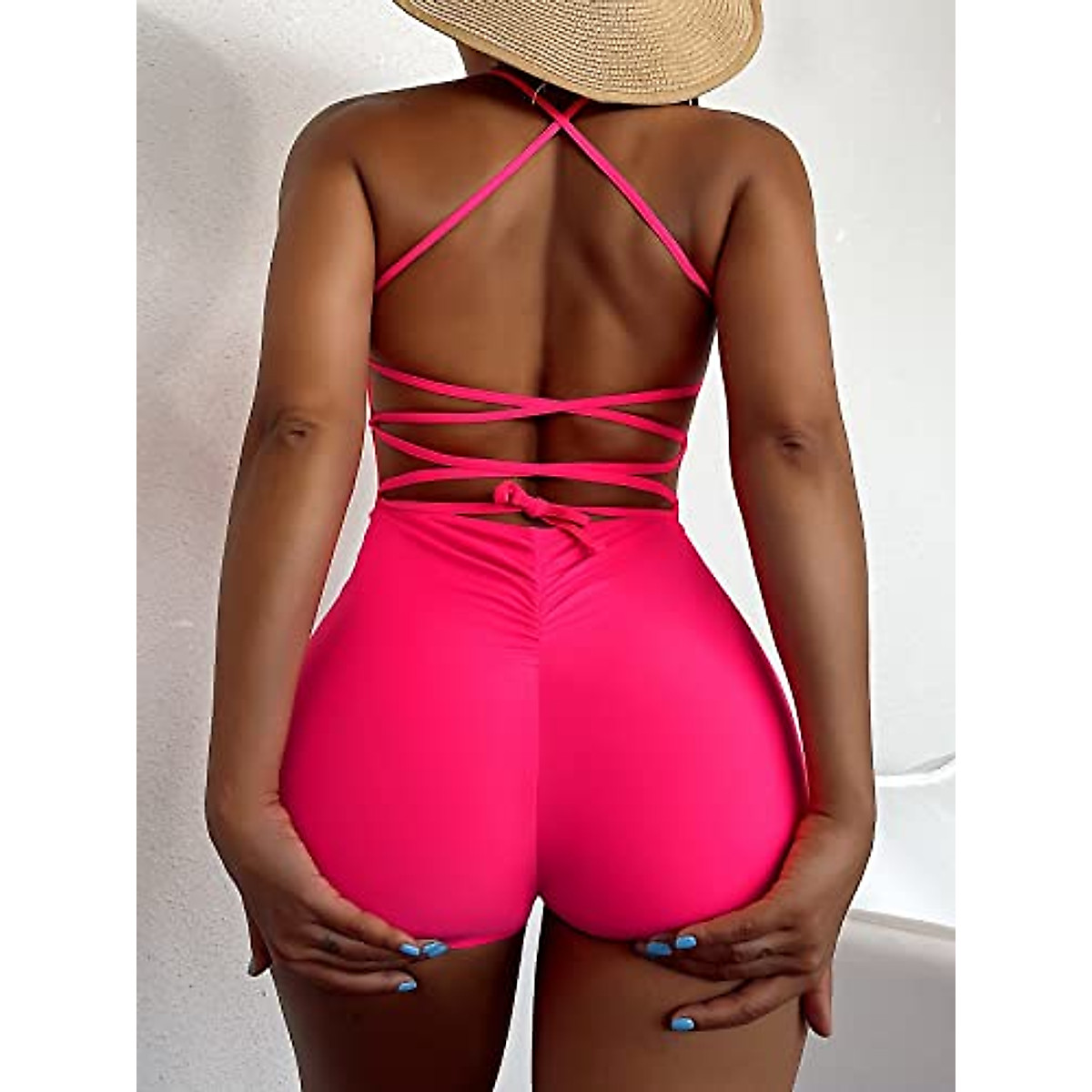 WDIRARA Women's Criss Cross Backless Ruched One Piece Swimsuit Monokini Swimwear Watermelon Pink M