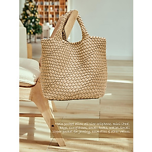 KALIDI Woven Tote Bag, Women Macaron Soft Leather Weave Handbag Purse Wrist Bag Large Capacity Work Shopping Travel Daily