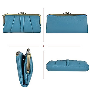 EASTNIGHTS Rfid Blocking Wallets for Women Leather Clutch Wallet Bifold Credit Card Holder Ladies Coin Purse with Zipper and Kiss Lock (Blue)