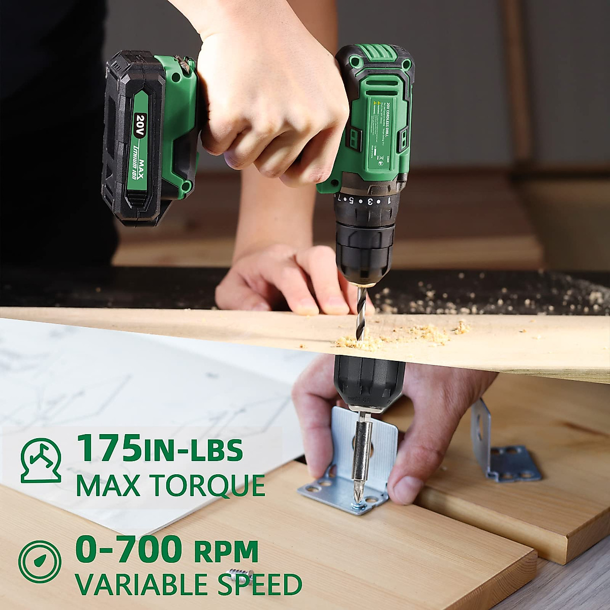 ALTOCRAFT Cordless Drill/Driver Kit 3/8",20V Max Electric Battery Power Drill Set w/22-Piece Accessories,Keyless Chuck,Variable Speed,LED Light,Drilling Wall Wood Metal