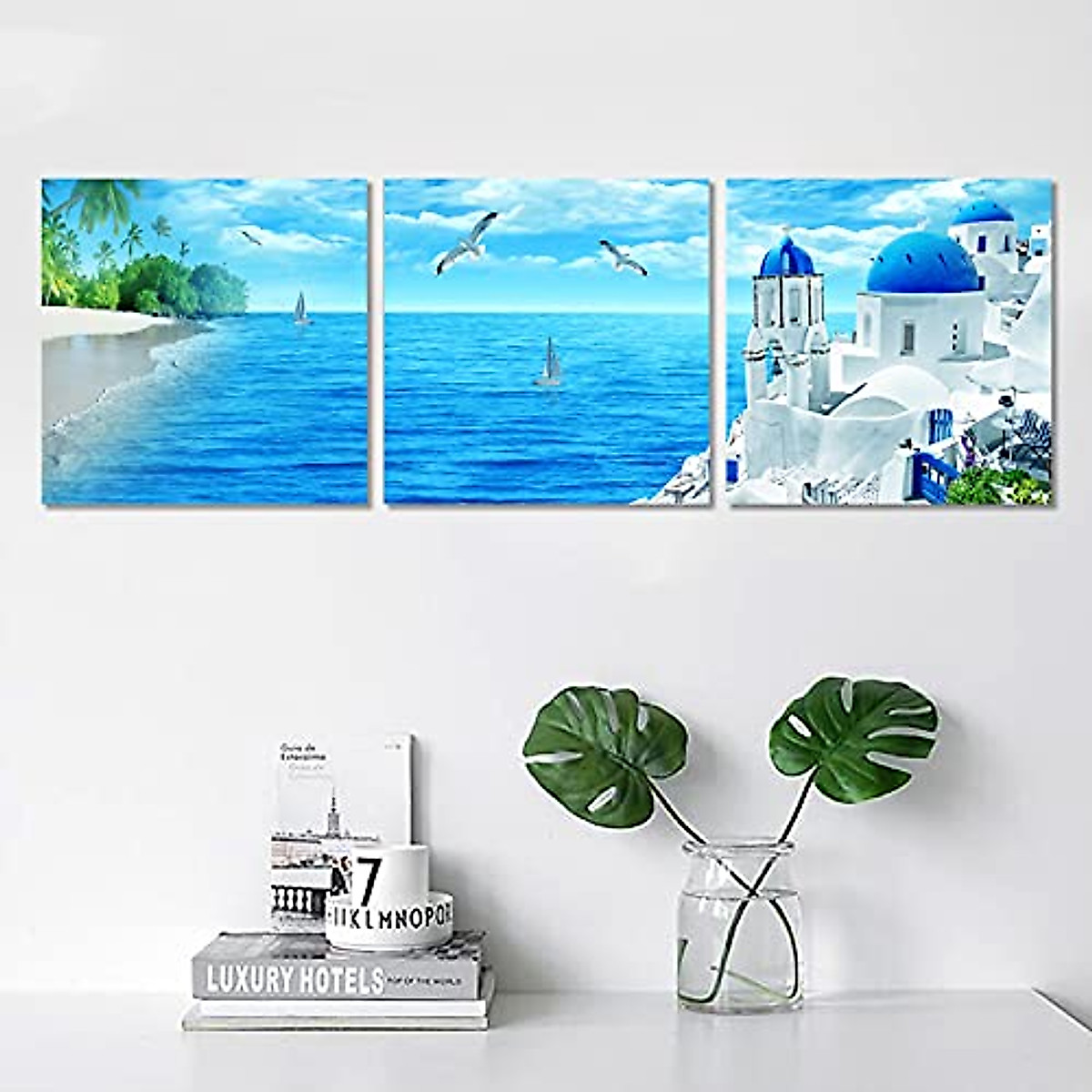 PINKNORDIC Santorini Landscape Beach Canvas Wall Art Mediterranean Blue Churches Seascape Nordic Style Canvas Painting Prints for Home Living Bathroom Wall Decor 12x12inchX3pcs