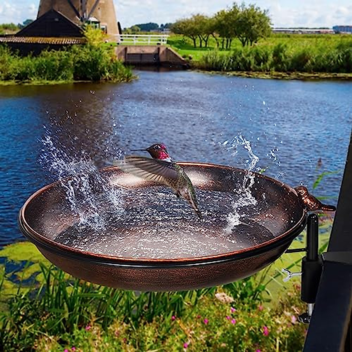 DREAMSOUL Deck Mounted Bird Bath Metal Birdbath Bowl Unheated with Lightweight Detachable, Bird Baths with Adjustable Sturdy Steel Clamp for Deck Railing Balcony Yard Outdoors Garden Decoration