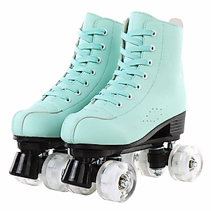 Womens Roller Skates Artificial Leather Adjustable Double Row 4 Wheels Roller Skates Shiny High-Top Outdoor Roller Skate for Teens,Adult (Flash Wheel, 39/US 8.5)