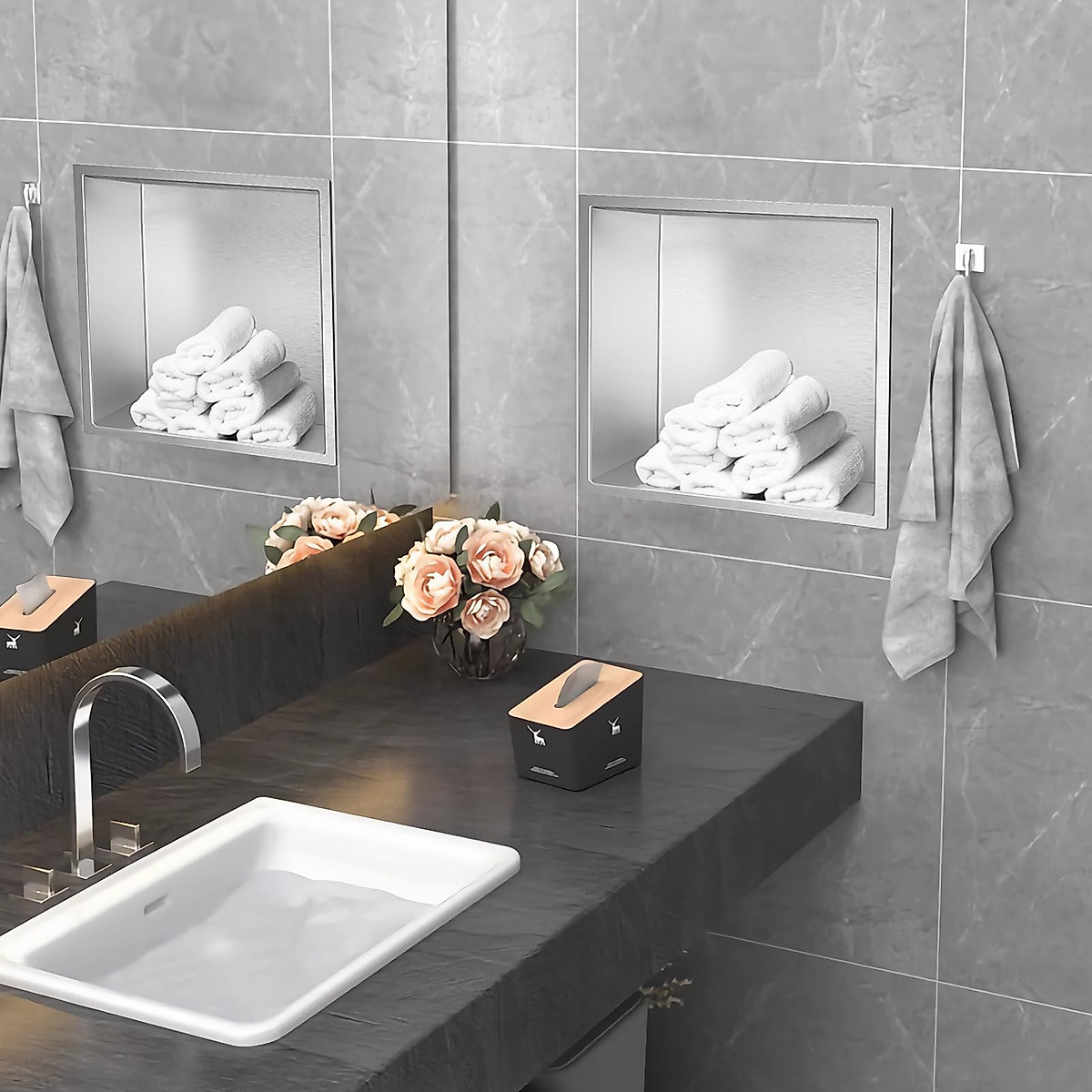 Elefloom Shower Niche, Stainless Steel Modern Bathroom Niche, No Tile Needed Recessed Shower Shelf Organizer for Storage, Stainless Steel, Silver Grey, 12"×12"