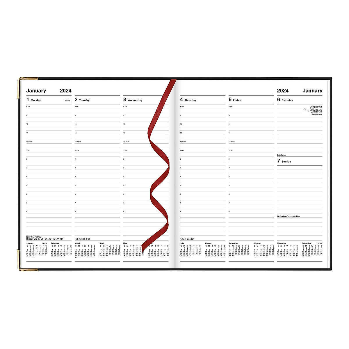 Letts of London Roma Weekly Planner, 12 Months, January to December, 2024, Italian Leather, Quarto Size, 10.25" x 8.25", Black (C33YIBK-24)