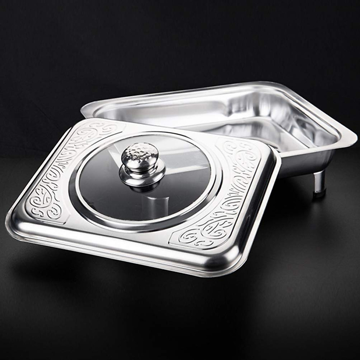 Cabilock Cold Food Buffet Stainless Steel Rectangular Food Dish Tray Oblong Metal Serveware with Lid for Buffet Roasting Baking Cooking Bread Fruit Appetizer Plate 33. 5X27. 5X14. 5CM Buffet Server