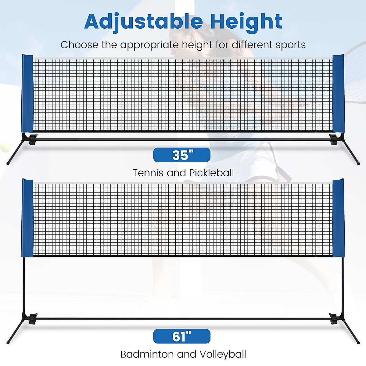 GYMAX Badminton Net, Height Adjustable Tennis Net Set w/Poles, 2 Birdies & Carry Bag, Easy Setup Pickleball Net Sports Net，Portable Volleyball Net for Indoor & Outdoor Game Beach, Backyard (13.8 FT)