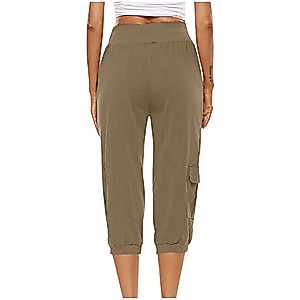Today Deals Prime Clearance Capri Pants for Women Summer Casual Drawstring Lounge Linen Pants with Pockets Plus Size High Waist Straight Trousers Items Under 10 Dollars for Women Khaki XL
