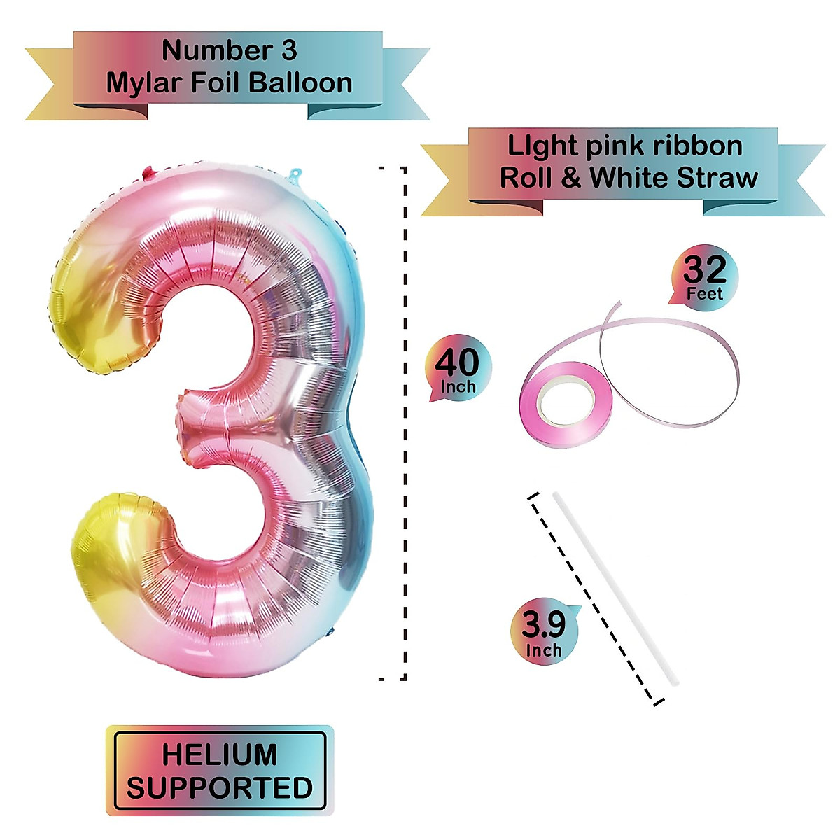 40 Inch Giant Rainbow Number 3 Balloons, Birthday Balloons, Helium Mylar Foil Big Number Balloons for Birthday Party Decorations, Kids' Birthday Anniversary Party Baby Shower Unicorn Parties