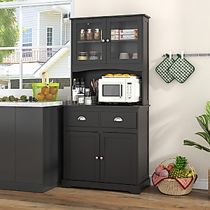 Giantex 67" Pantry Organizers, Freestanding Tall Buffet Cabinet with Hutch and 2 Drawers, Wooden Cupboard with Glass Doors, Storage Sideboard for Kitchen Bathroom Living Room (Black)
