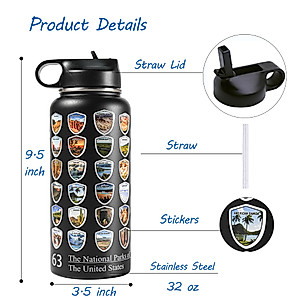 Beautsque 63 National Parks Water Bottle with Stickers,3D Printed,32 oz Travel Insulated Bottles with Straw, Stainless Steel