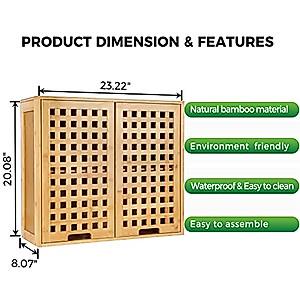 Bathroom Wall Cabinet Wall Mounted Organizer, Medicine Cabinet, Over The Toilet Storage, Bamboo Medicine Cabinets with Doors and Shelves, Wall Storage for Bathroom Kitchen Living Room (New Version)