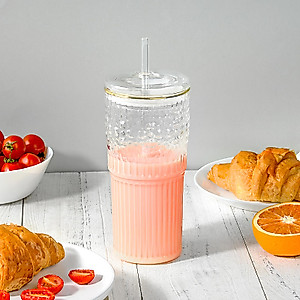 FULGNU Glass Cups with Lids and Straws, 24 OZ Glass Tumbler with Straw and Lid Iced Coffee Cups, High Borosilicate Glasses Clear Glass Cups Set for Cocktail,Smoothie,Water