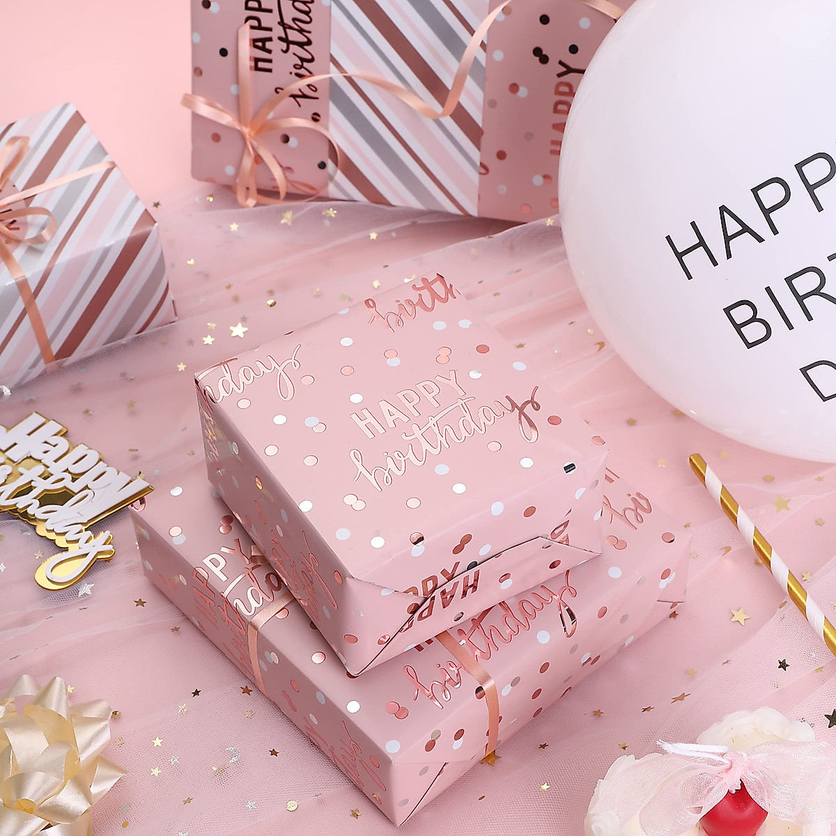 LeZakaa Reversible Birthday Wrapping Paper Roll - Happy Birthday Lettering & Stripe Design with Metallic Foil in Pink - 17 inches x 32.8 Feet (46.45 sq.ft.)