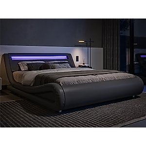 Allewie King Size LED Platform Bed Frame with Adjustable Headboard/No Box Spring Need/Easy Assembly/Faux Leather in Grey