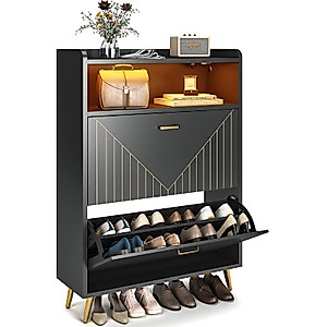 Aheaplus Shoe Cabinet with Flip Doors, Shoes Storage Organizer with Motion Sensor Led Light, Entryway Wood Freestanding Tipping Bucket Shoe Rack with Open Shelves for Closet, Living Room, Black