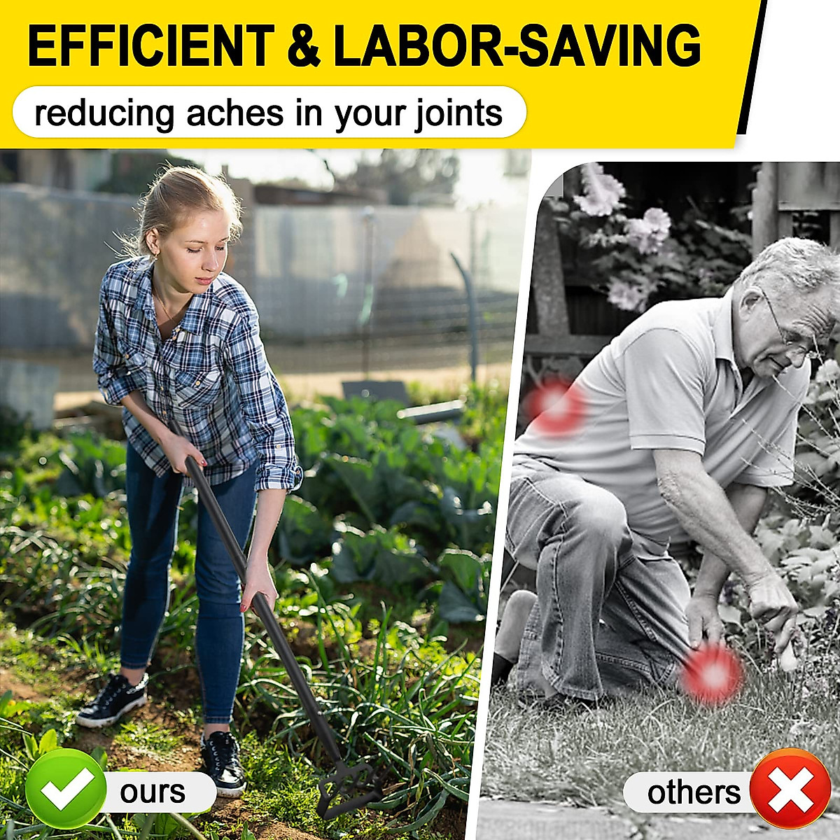 Garden Hoe, Cultivator Stirrup Hoe Garden Tool for Weeding, 62 Inch Heavy Duty Hula Hoe with Adjustable Long Handle, Action Scuffle Loop Hoe with Rake 2-in-1 Gardening Tool for Loosening Pulling Weed