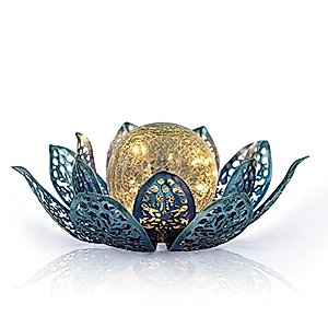 Garden Solar Lights Outdoor - Lotus Solar Lamp Waterproof Metal Crackle Glass Globe LED Lotus Flower Garden Decor Light for Tabletop, Pathway, Lawn and Garden (Snowflake)