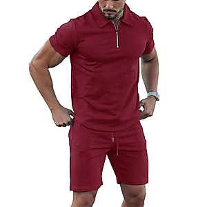 URRU Men's Classic Short Sleeve Polo Shirt Sets Zipper Casual Slim Fit Cotton Tracksuit Wine Red M