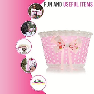 Girl’s Bicycle Decorations Set - Fun Bicycle Decor w/Beads, Rear View Mirror, Mounted Water Bottle, Handlebar Streamers & Basket - Complete Bike Decoration for Kids