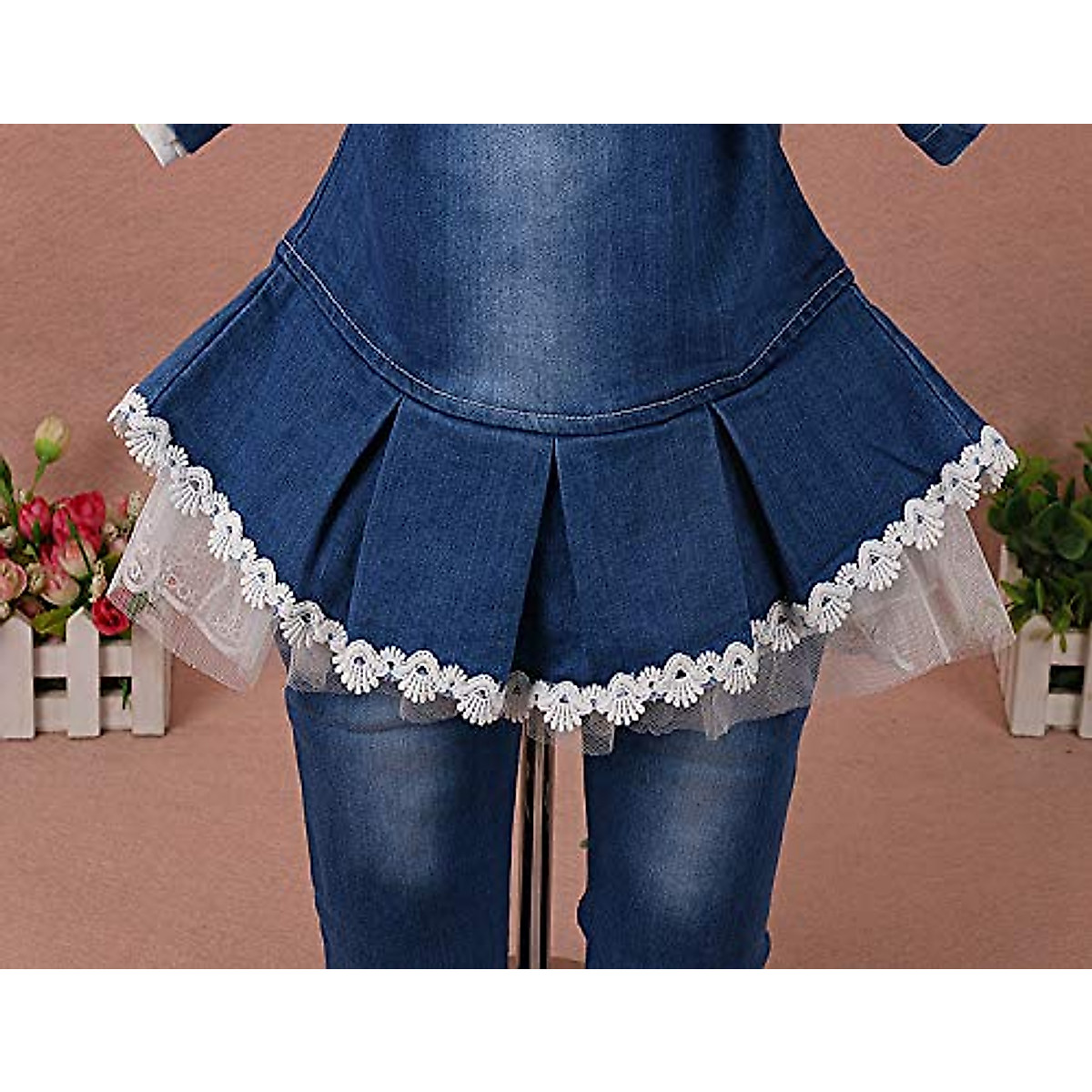 Yao 6M-4Y Infant 3Pcs Baby Girls Clothes Set Toddler Outfits Lace Dress Jacket and Jeans (4-5Y,Flower-White)