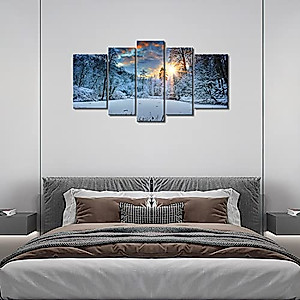 Modern Canvas Painting Wall Art Snowfield Winter Snow Forest Tree Sunrise sunset Landscape Mountain & Tree Print on Canvas Artwork Wall Decor (B)