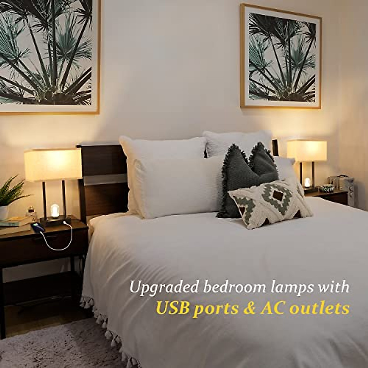 Table Lamps for Bedrooms Set of 2 - Bedside Lamps with Night Light+USB Port&AC Outlet Charging, Modern Black Nightstand Lamps with Linen Fabric Lampshade for Bedroom Living Room (4 Blubs Included)