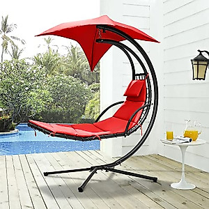 Greesum Hanging Curved Lounge Chaise Chair, Hammock Swing Chaise Chair, Floating Bed Furniture with Pillows, Canopy, Orange