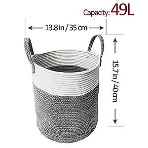 Laundry Hamper, Pure Cotton Rope Basket, Woven Laundry Bag with Handles, Large Clothes/Towels/Storage Organizer, Collapsible Storage Bin for Living Room, Bedroom, Laundry Room, White Gray